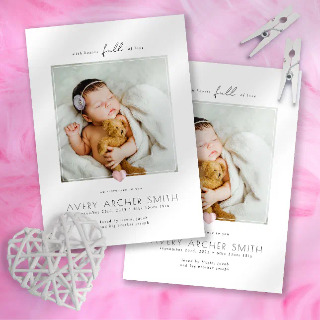 Modern Minimalist Heart Photo Baby Birth Announcement | Zazzle
