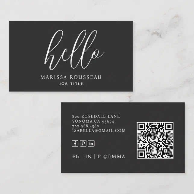 Modern Minimalist Hello QR Code Black Business Card | Zazzle