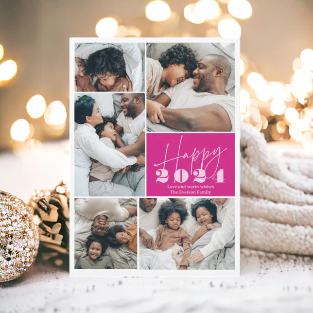 Modern minimalist hot pink 6 photos Happy 2024 Holiday Card | Zazzle