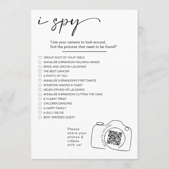 Modern Minimalist I spy wedding game Share photos Program | Zazzle
