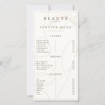 Modern Minimalist Ivory/Neutral Lash & Brow Menu | Zazzle