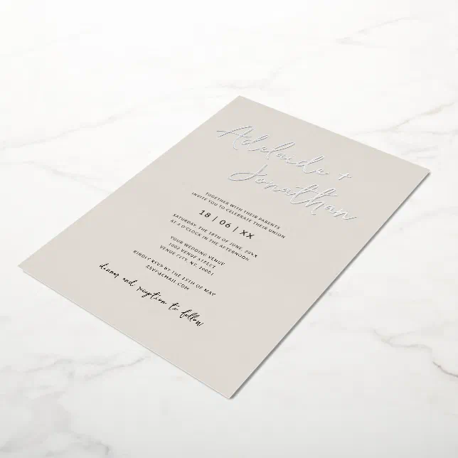 Modern Minimalist Ivory Wedding Silver Lettering Foil Invitation | Zazzle