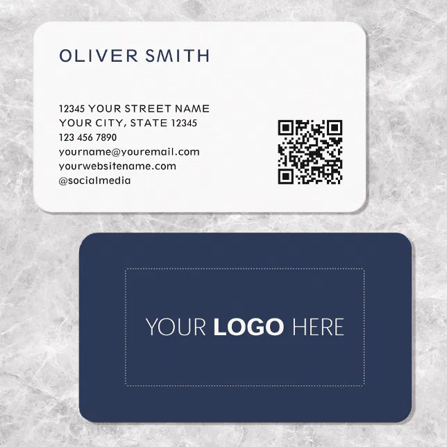Modern Minimalist Logo QR Code Deep Blue Business Card | Zazzle