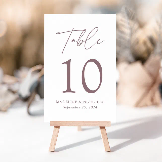 Modern Minimalist Mauve Purple Script Wedding Table Number | Zazzle