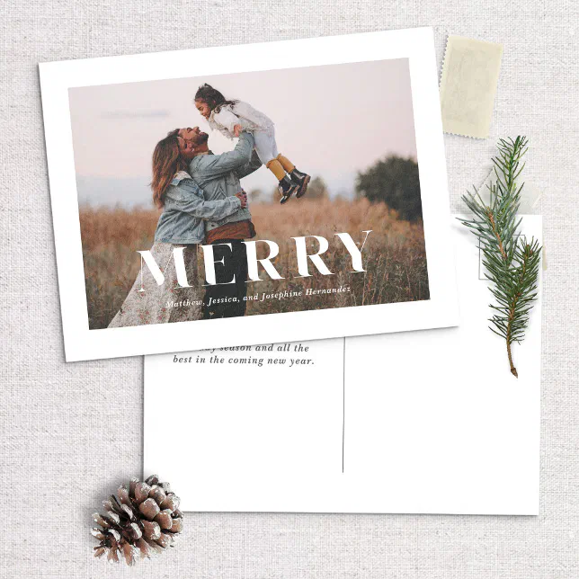 Modern Minimalist MERRY Holiday Photo Postcard | Zazzle