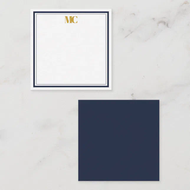 Modern Minimalist Monogram Border Navy Blue Gold Note Card | Zazzle
