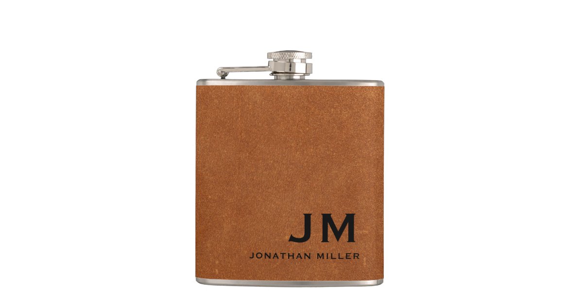 Modern Minimalist Monogram Sable Brown Leather Flask | Zazzle