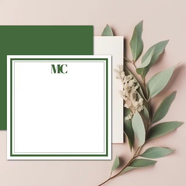 Modern Minimalist Monogram Two Border Hunter Green Note Card | Zazzle