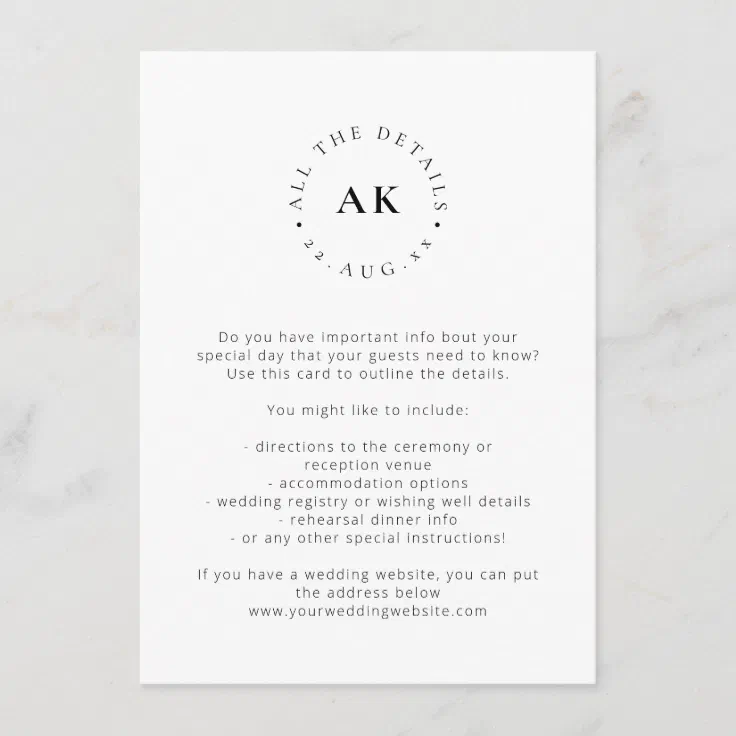 Modern Minimalist Monogram Wedding Initials Enclosure Card | Zazzle