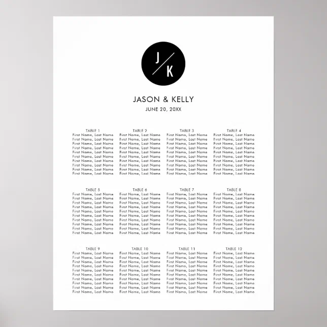 Modern, Minimalist Monogram Wedding Seating Chart | Zazzle