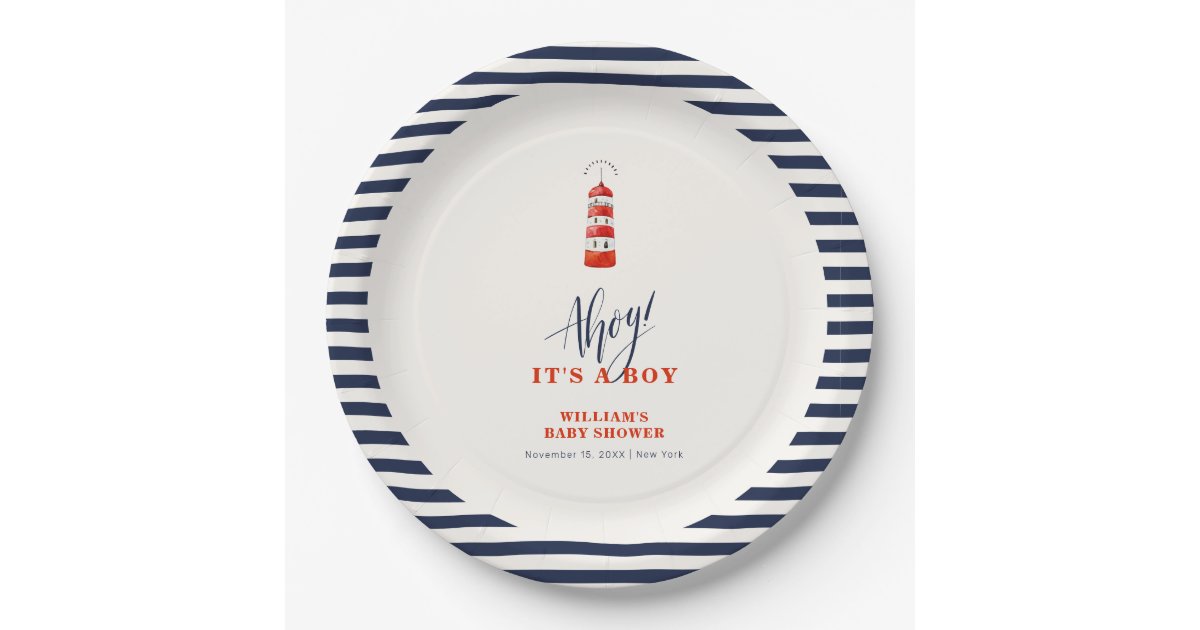Modern Minimalist Nautical Lighthouse Baby Shower Paper Plates | Zazzle