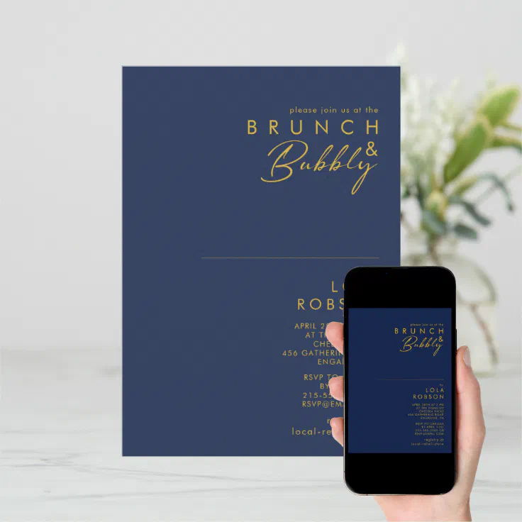Modern Minimalist Navy Blue Gold Brunch and Bubbly Invitation | Zazzle