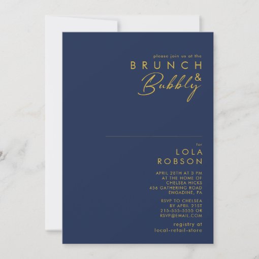 Modern Minimalist Navy Blue Gold Brunch and Bubbly Invitation | Zazzle