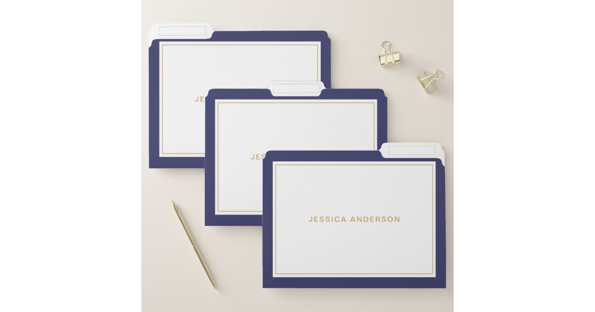 Modern Minimalist Navy Blue Gold Name File Folder | Zazzle