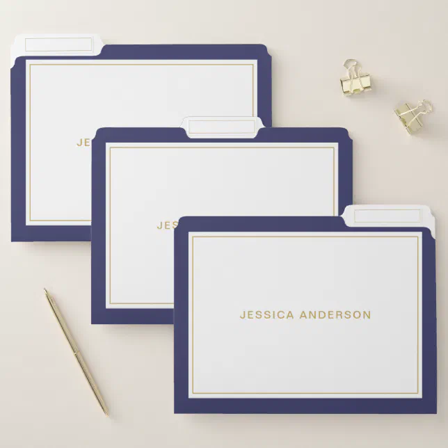 Modern Minimalist Navy Blue Gold Name File Folder | Zazzle