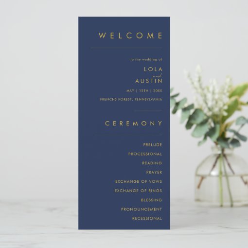 Modern Minimalist Navy Blue | Gold Wedding Program | Zazzle