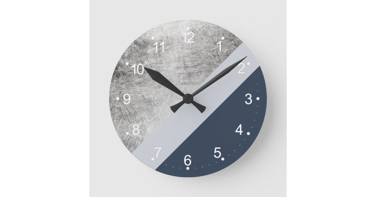 Modern minimalist navy blue gray silver foil block round clock | Zazzle