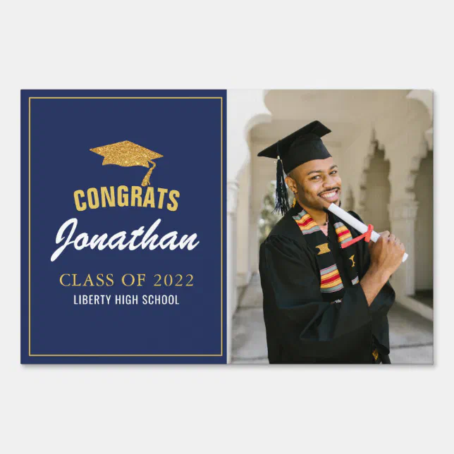 Modern Minimalist Navy Blue Photo Graduation Sign | Zazzle