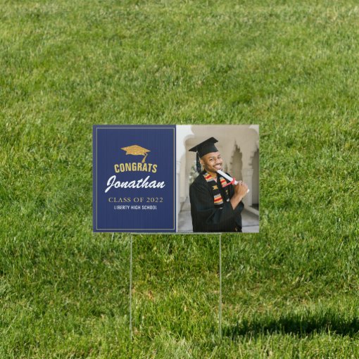 Modern Minimalist Navy Blue Photo Graduation Sign | Zazzle