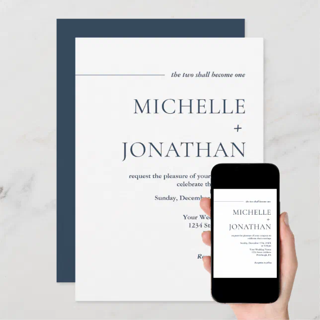 Modern Minimalist Navy Blue Text Christian Wedding Invitation | Zazzle