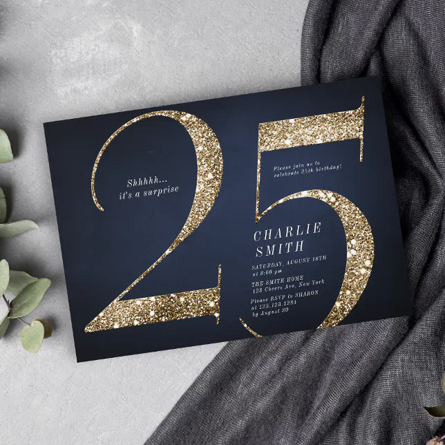 Modern minimalist navy gold glitter 25th birthday invitation | Zazzle