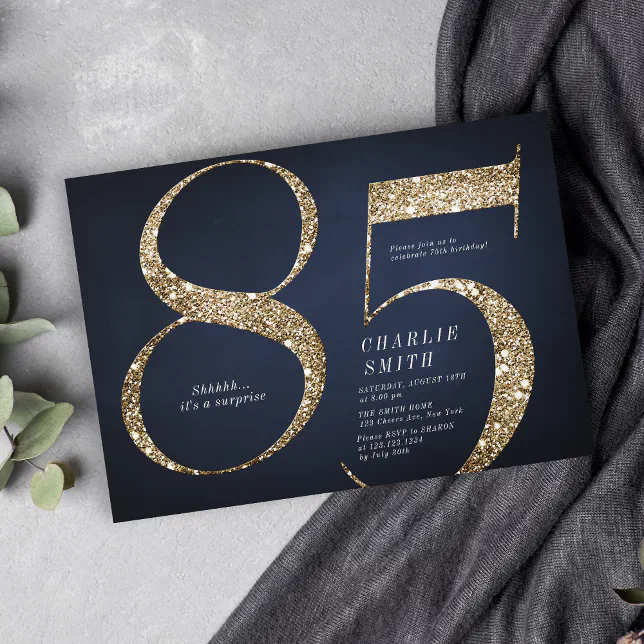 Modern minimalist navy gold glitter 85th birthday invitation | Zazzle