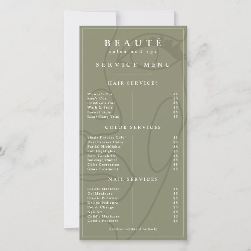 Modern Minimalist Olive Salon/Spa Service Menu | Zazzle