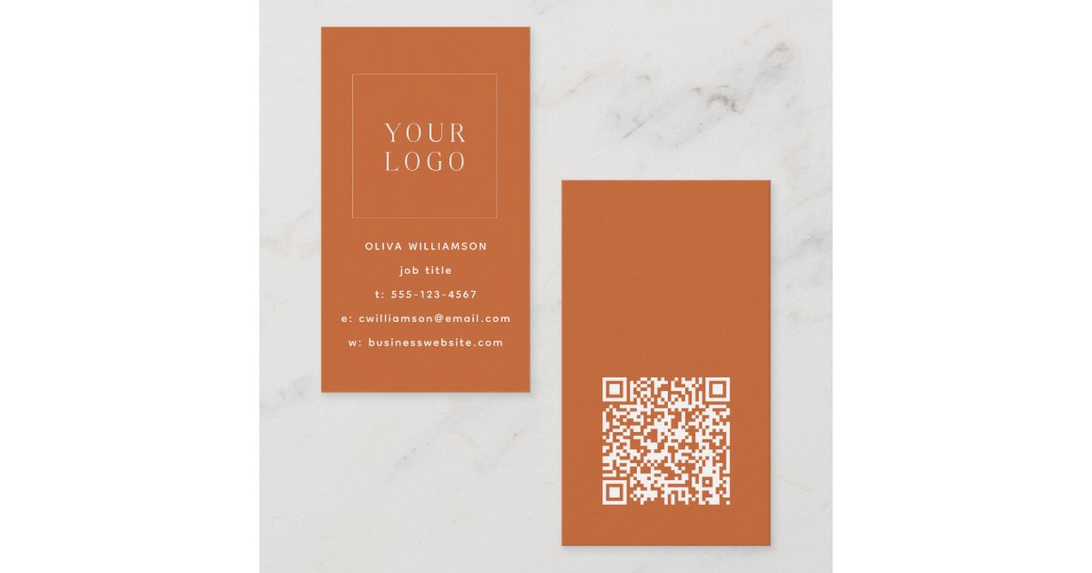 Modern Minimalist Orange Vertical Logo QR Code Business Card | Zazzle