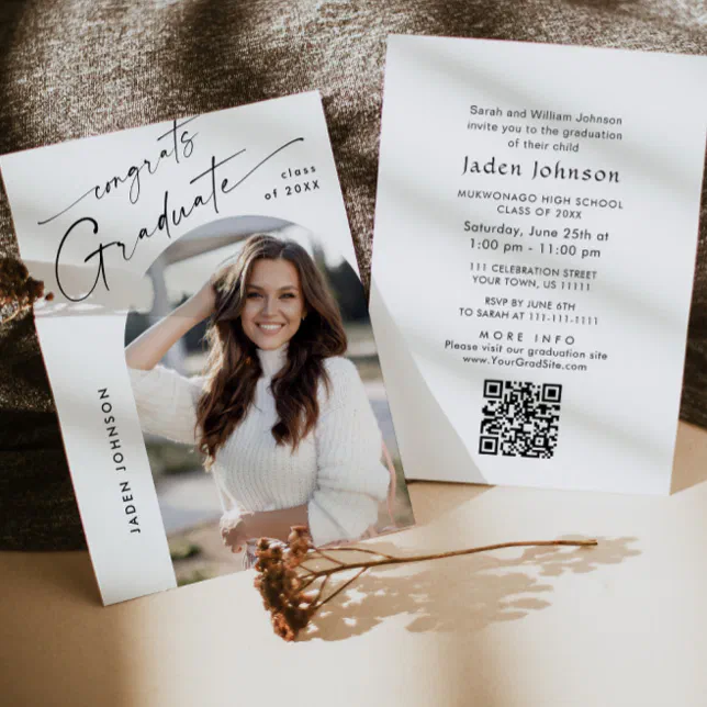 Modern Minimalist PHOTO Graduation Party QR code Invitation | Zazzle