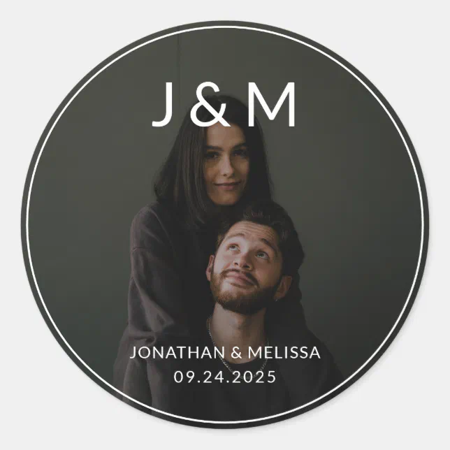 Modern Minimalist Photo Monogram Wedding Classic Round Sticker | Zazzle