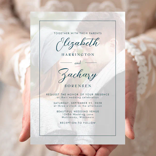 Modern Minimalist Photo Teal Script Wedding Invitation | Zazzle