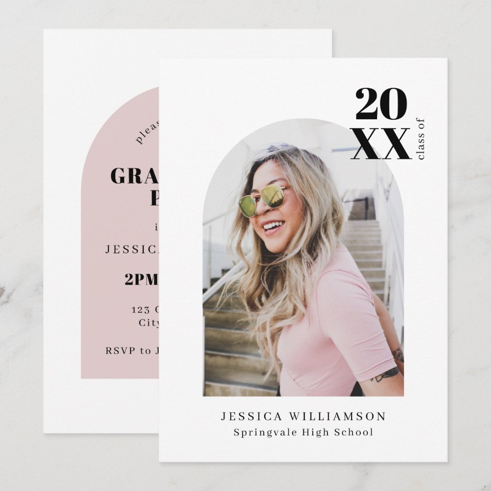 Modern Minimalist Pink Arch Photo Graduation Party Invitation