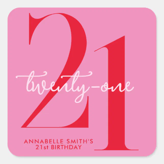 Modern Minimalist Pink Red 21st Birthday Square Sticker | Zazzle