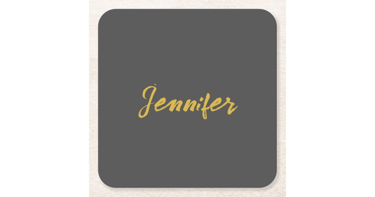 Modern Minimalist Plain Calligraphy Name Grey Gold Square Paper Coaster ...