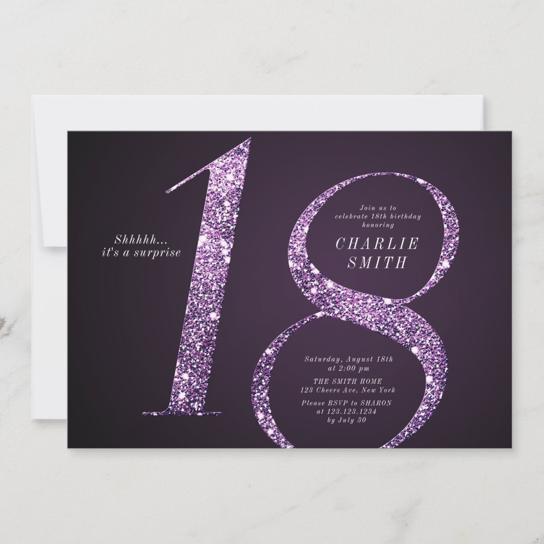 Modern minimalist purple glitter 18th birthday invitation | Zazzle