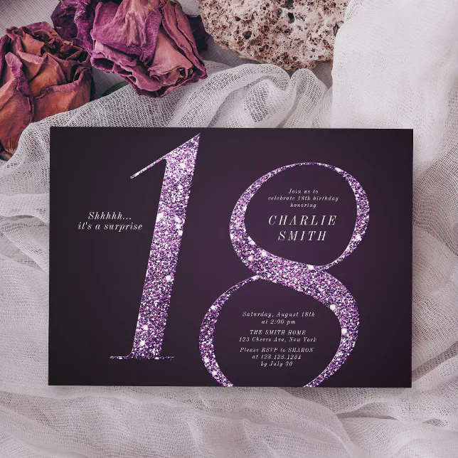 Modern minimalist purple glitter 18th birthday invitation | Zazzle