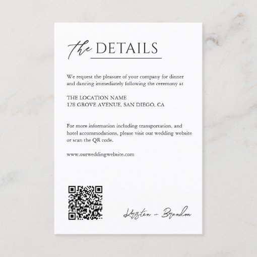 Modern Minimalist QR Code Vertical Wedding Details Enclosure Card | Zazzle