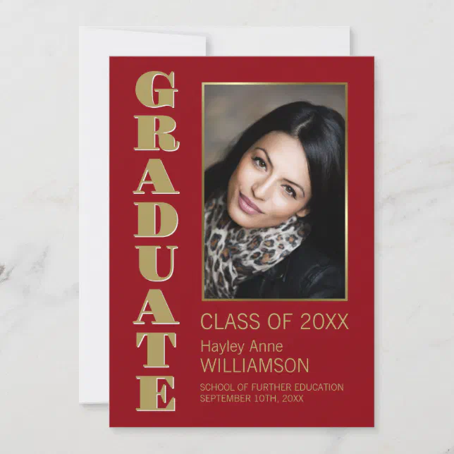Modern Minimalist Red Gold Photo Graduation Announcement | Zazzle