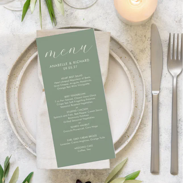 Modern Minimalist Sage Green Wedding Menu | Zazzle