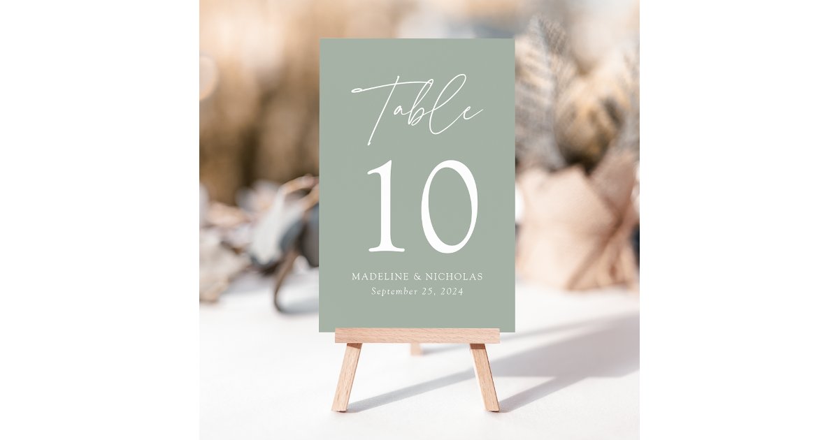 Modern Minimalist Sage Green Wedding Table Number | Zazzle