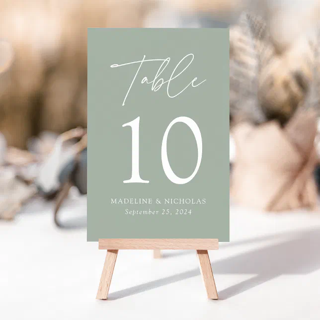 Modern Minimalist Sage Green Wedding Table Number | Zazzle