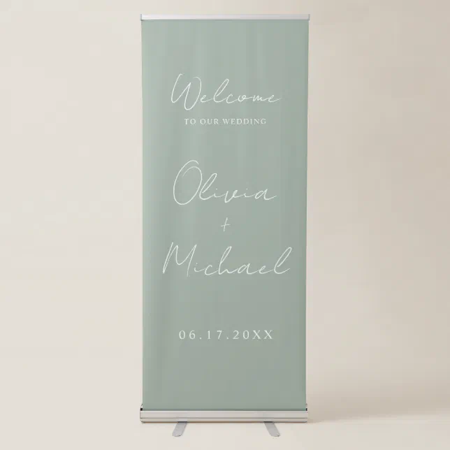 Modern Minimalist Sage Green Wedding Welcome Retractable Banner | Zazzle