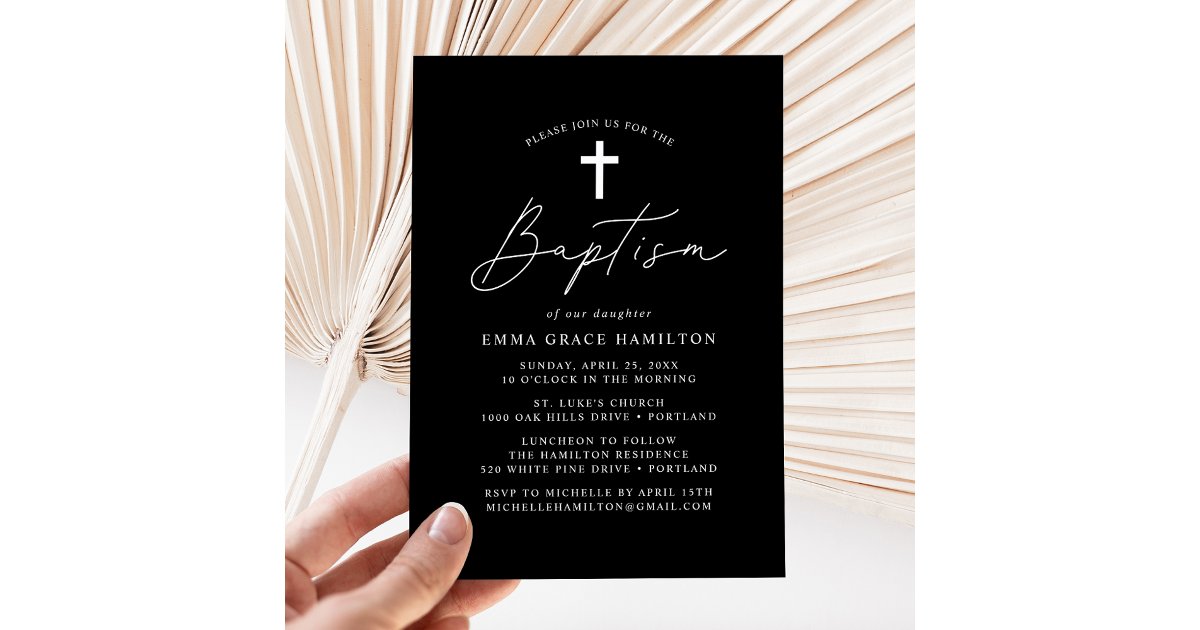 Modern Minimalist Script Black and White Baptism Invitation | Zazzle