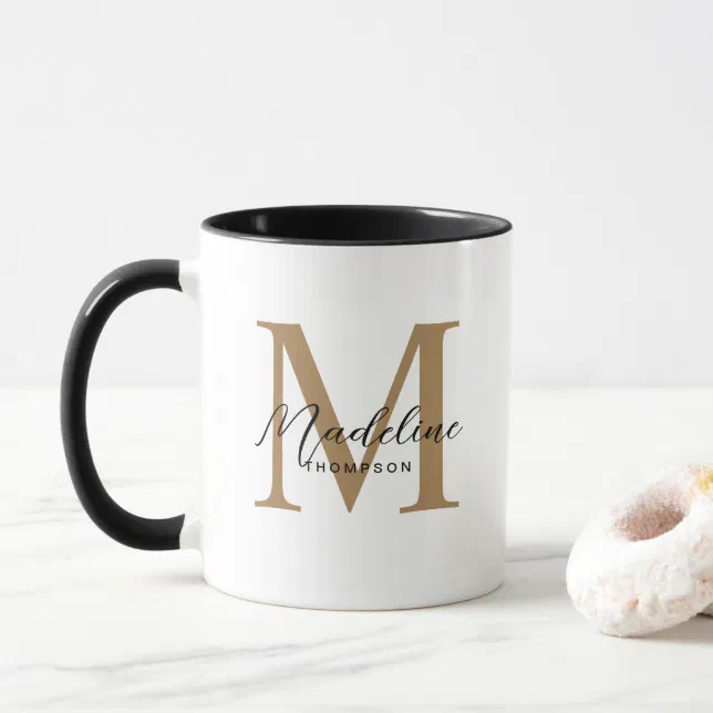 Modern Minimalist Script Black Gold Monogram Mug | Zazzle