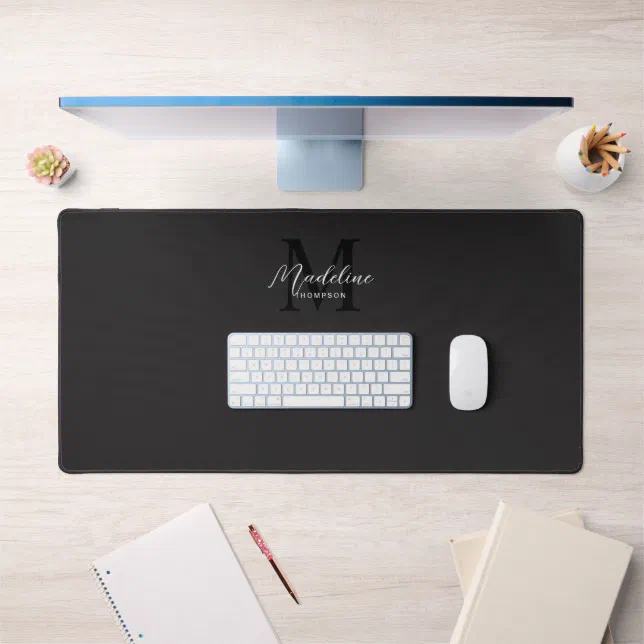 Modern Minimalist Script Black White Monogram Desk Mat | Zazzle