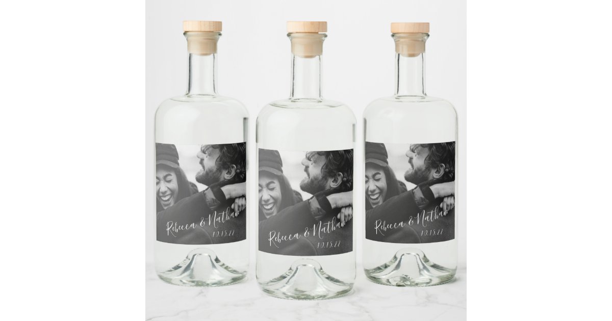 Modern Minimalist Script Custom Photo Wedding Liquor Bottle Label | Zazzle