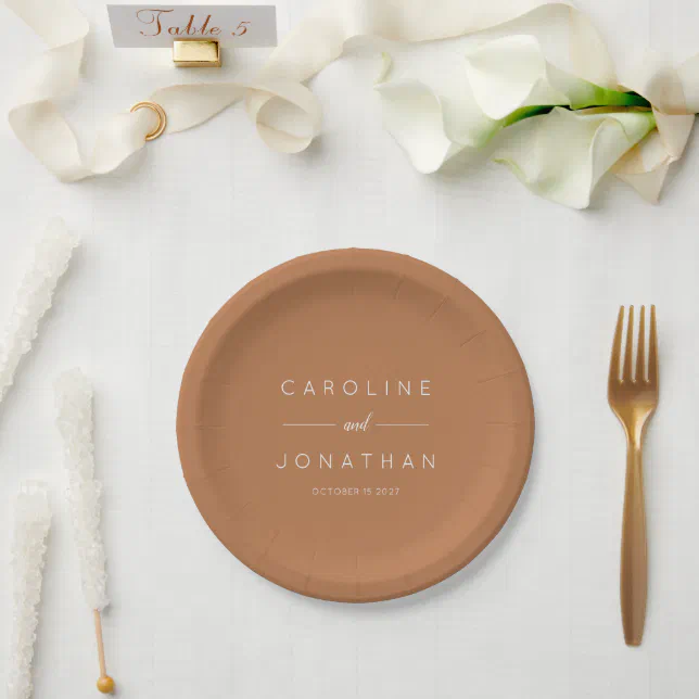 Modern Minimalist Script Custom Wedding Terracotta Paper Plates | Zazzle