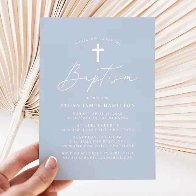 Modern Minimalist Script Dusty Blue Baptism Invitation | Zazzle