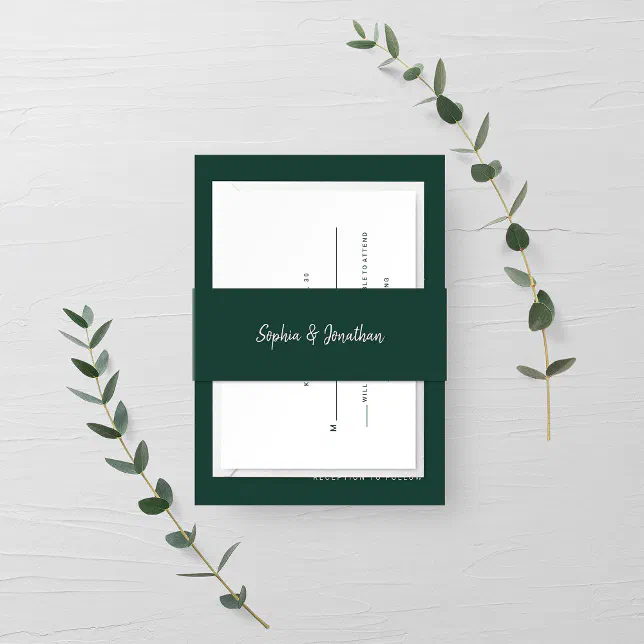 Modern Minimalist Script | Emerald Green Wedding Invitation Belly Band | Zazzle