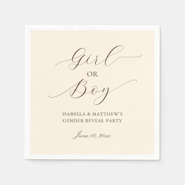 Modern Minimalist Script Gender Reveal Party Beige Napkins | Zazzle